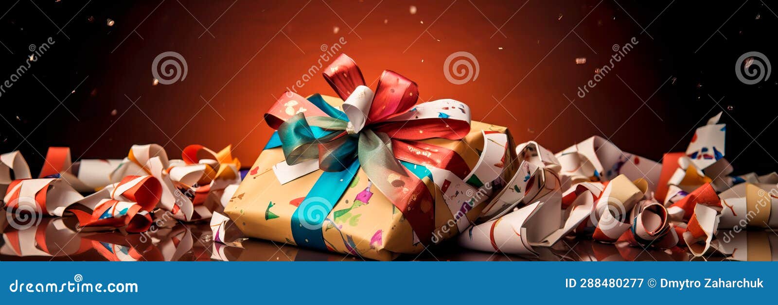 Gift Box with Torn Wrapping Paper, Surrounded by Unopened Wrapping ...