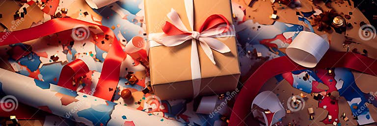 Gift Box with Torn Wrapping Paper, Surrounded by Unopened Wrapping ...