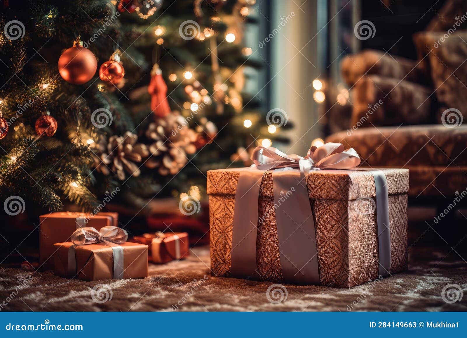 A Gift Box Under the Christmas Tree. Generative AI Technology Stock ...