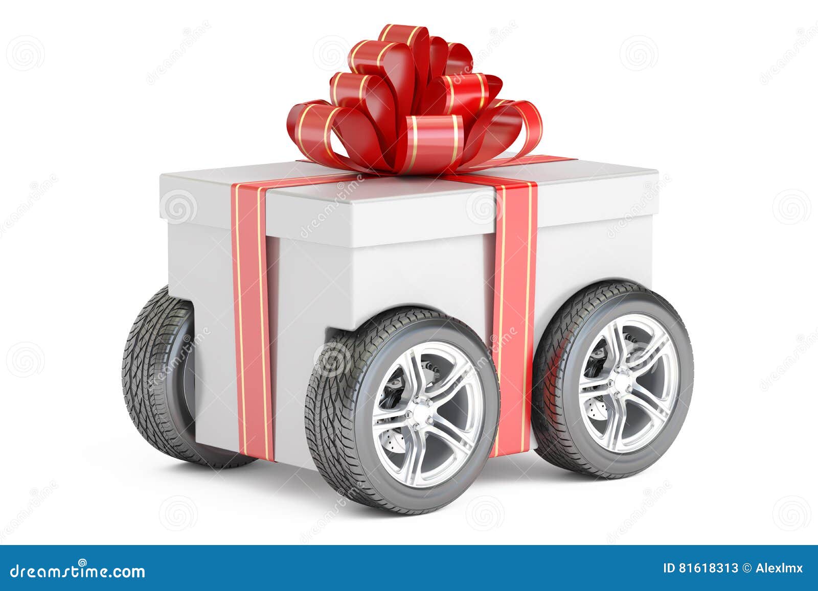 Gift Box on Wheels, Gift Delivery Concept. 3D Rendering Stock ...