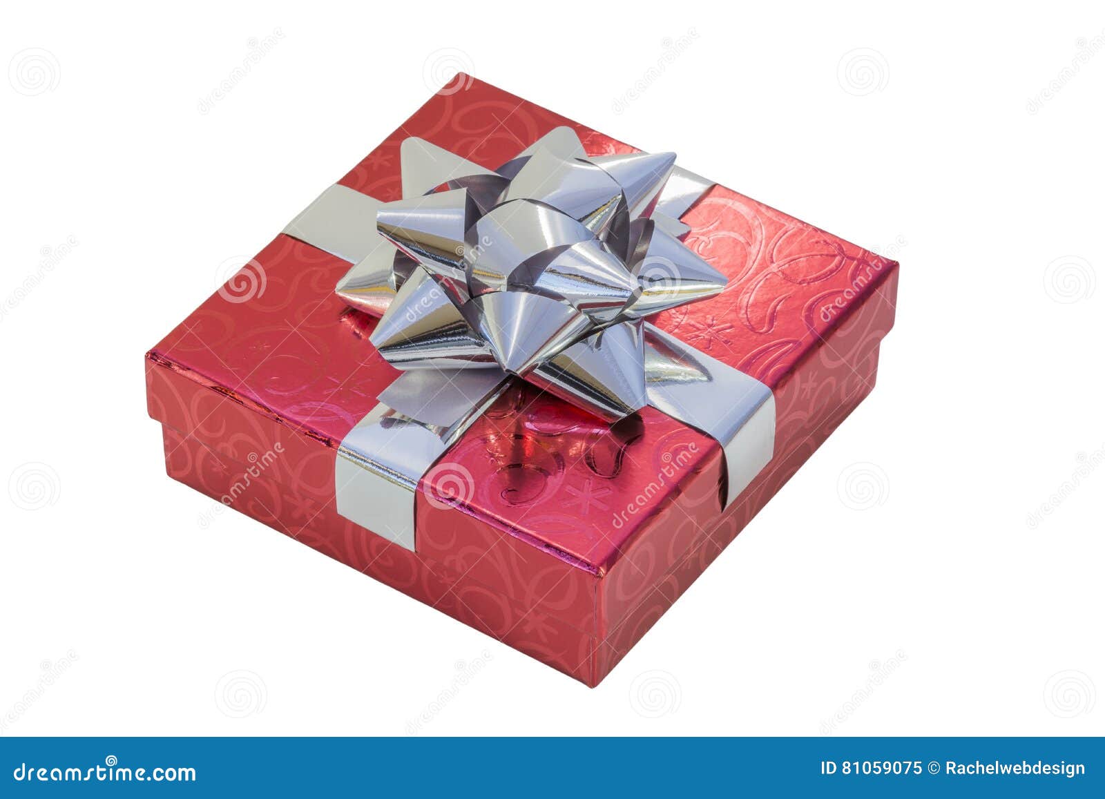 Gift Box Wrapped in Red Patterned Paper with Shiny Silver Ribbon Stock ...
