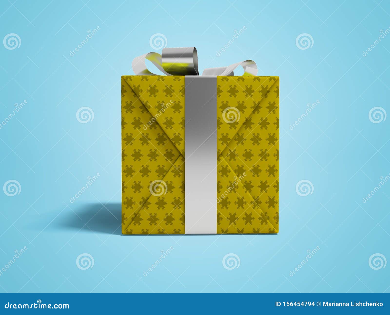 Gift in Box in Yellow Paper with Silver Ribbons Front View 3d Render on ...