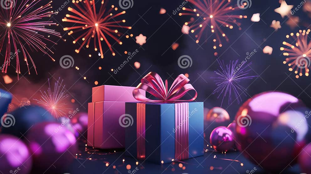 Gift Boxes and Baubles Under a Festive Fireworks Display Stock ...