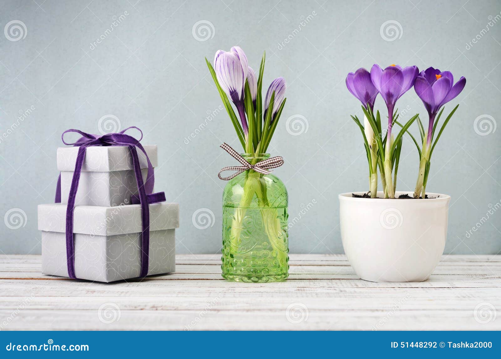 Gift boxes and crocus stock photo. Image of mother, background - 51448292