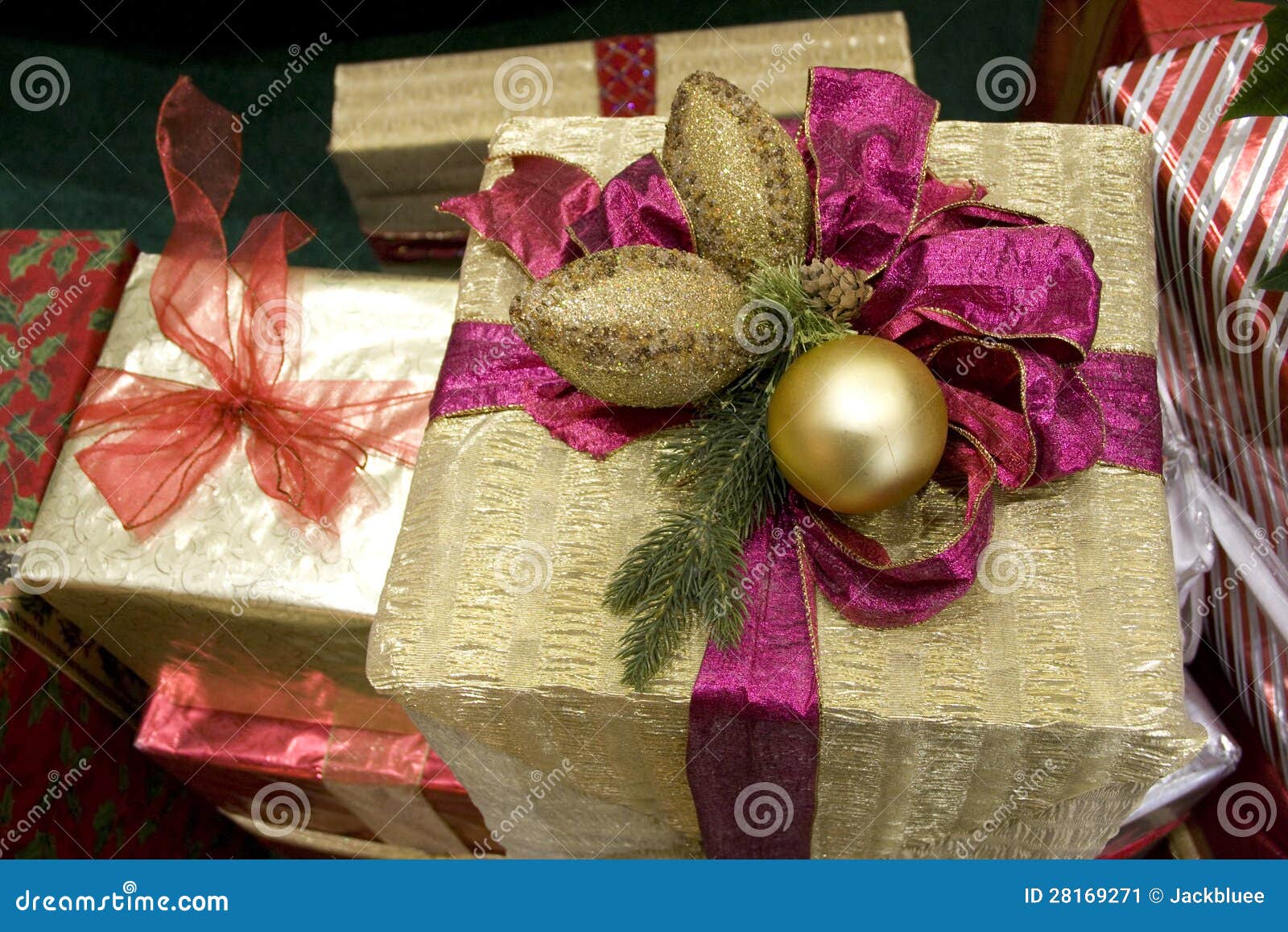 Gift Boxes Golden Ball Ribbon Stock Image - Image of decorations, love ...