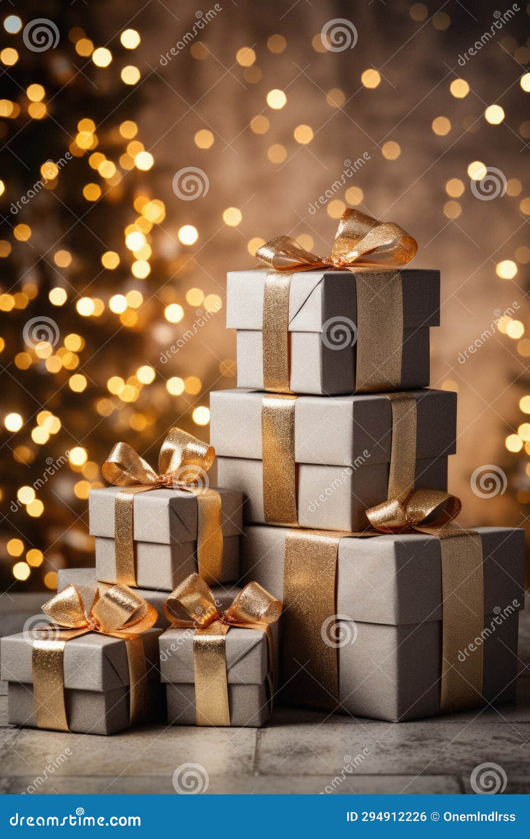 Gift Boxes with Golden Ribbons on Bokeh Lights Background Stock Photo ...