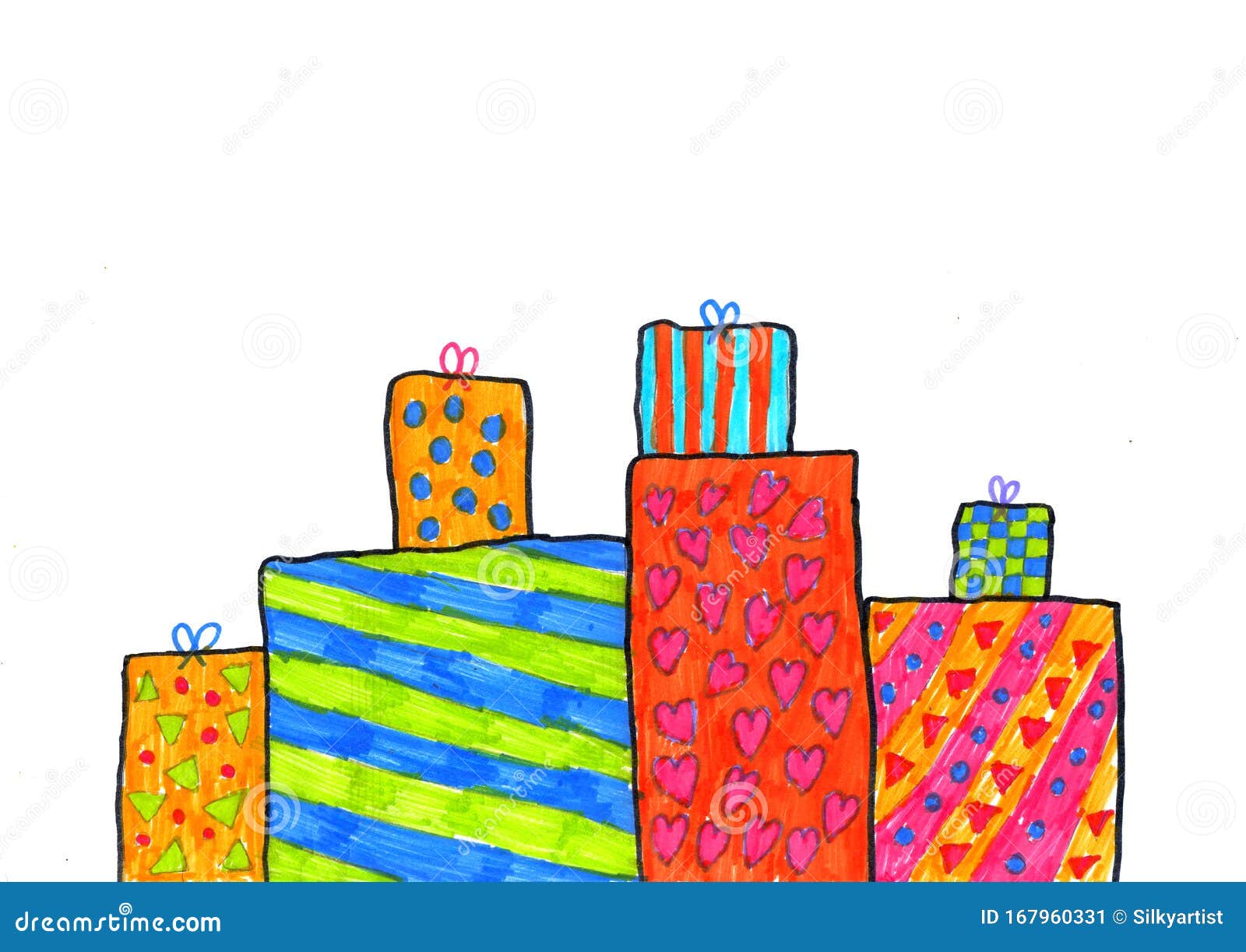 Gift Boxes Hand-drawn Illustration of Presents, Colorful Boxes with ...