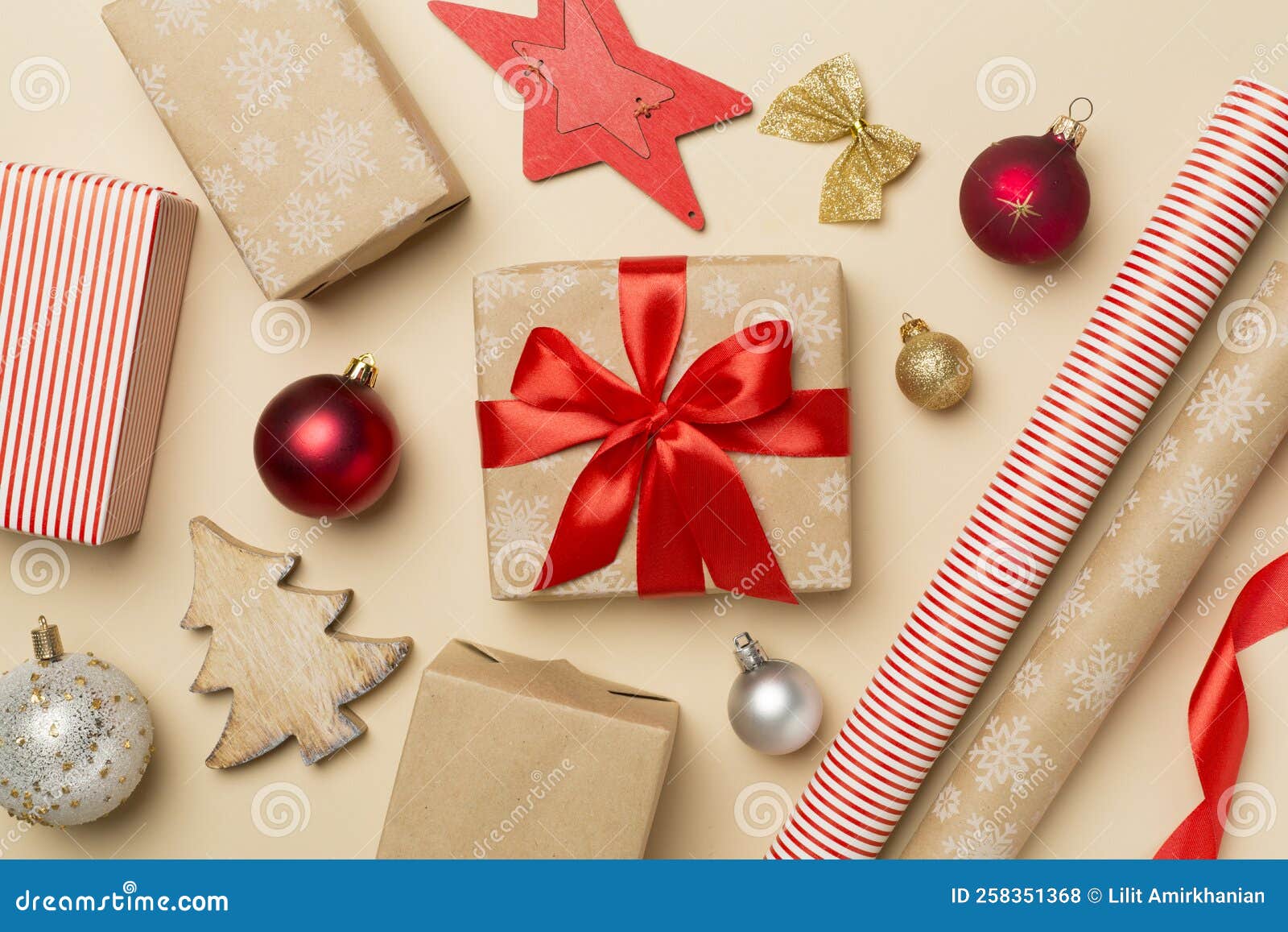 Gift Boxes, Paper S Rools and Decorations on Color Background, Top View ...