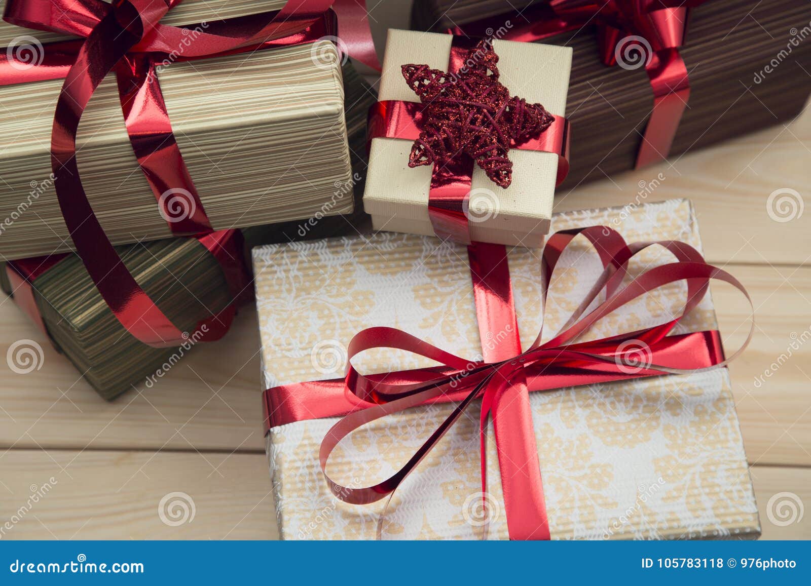 Gift Boxes with Red Ribbons Stock Photo - Image of party, peace: 105783118