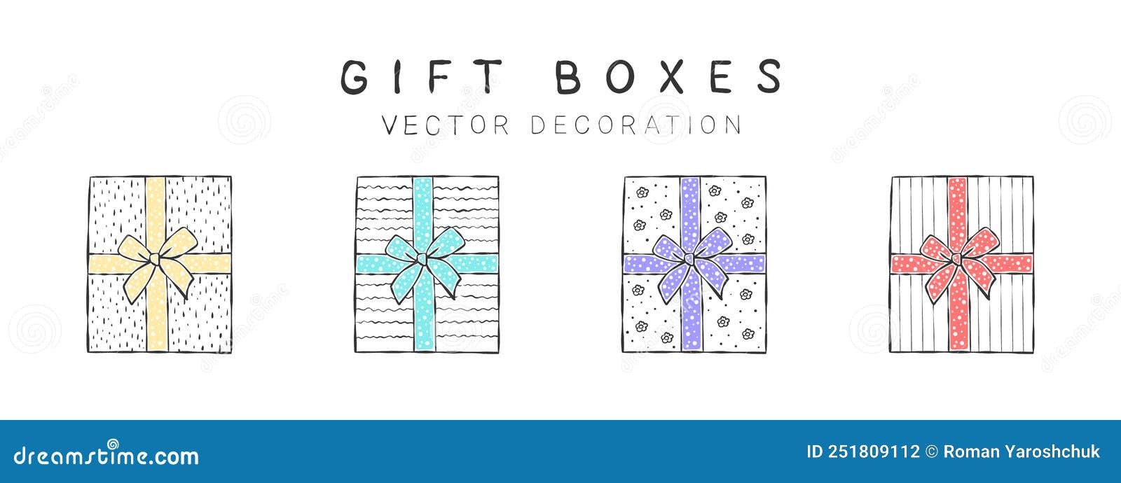 Gift Boxes with Ribbons. Drawn Gift Boxes with Different Textures ...