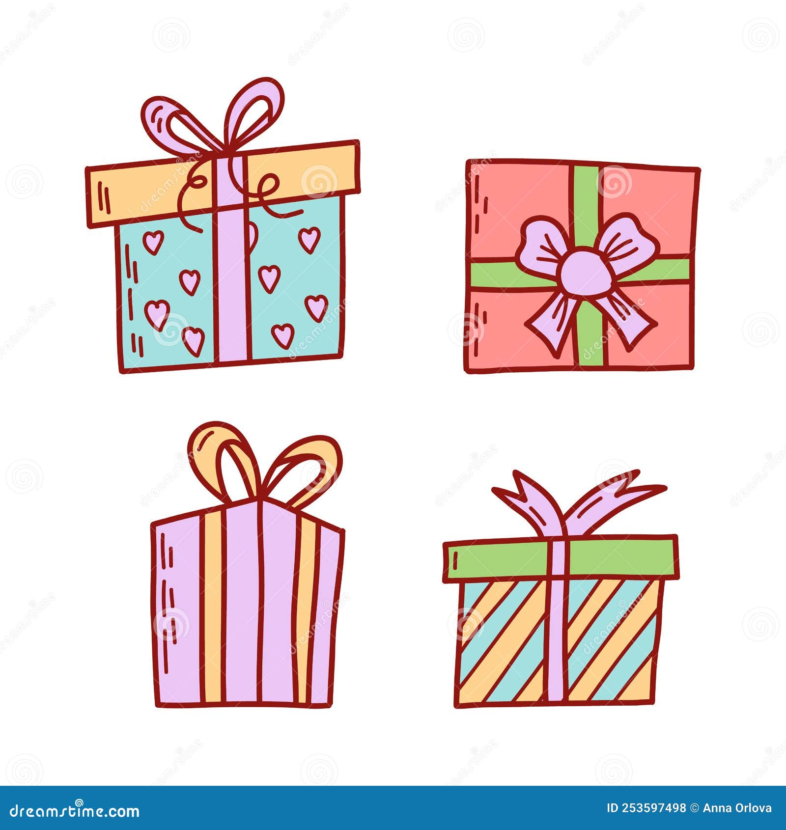 Gift Boxes Set, Hand Drawn Doodle Style. Birthday Party Presents Stock ...