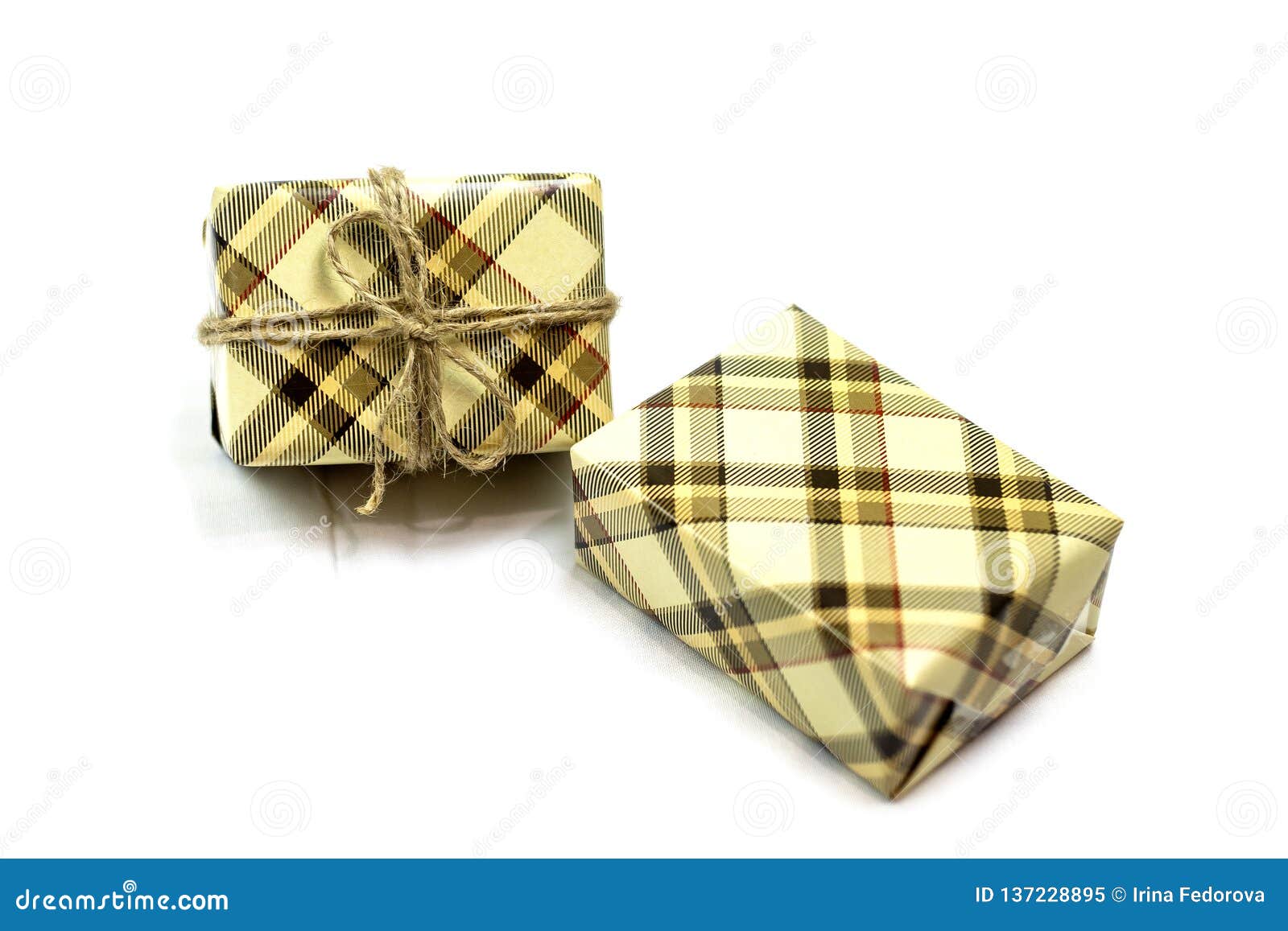 Gift Boxes Tied with Jute Threads, Isolated on White. Stock Image ...