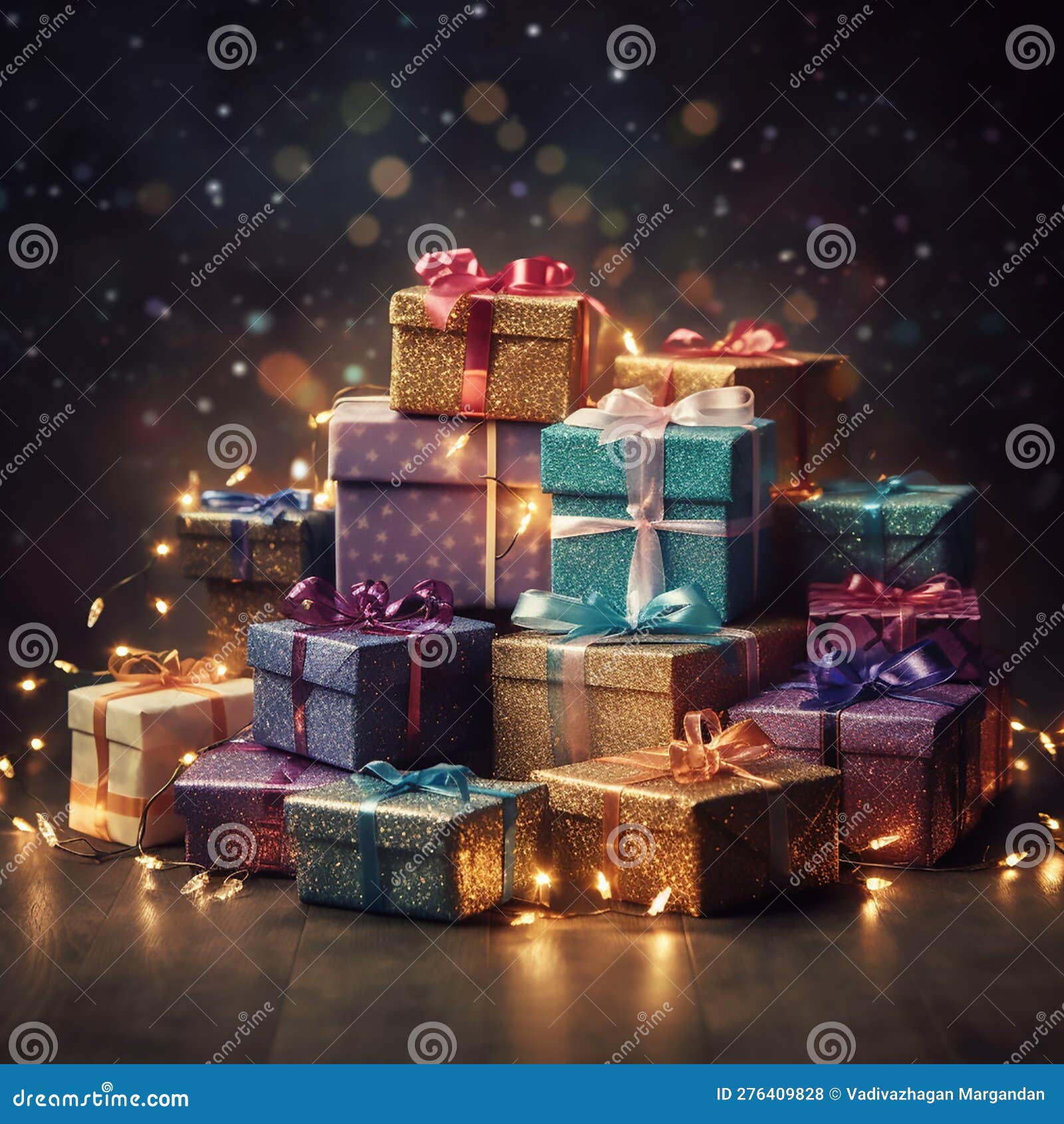 Gift Boxes, Wrapped and Topped with Shimmering Bows and Ribbons Stock ...