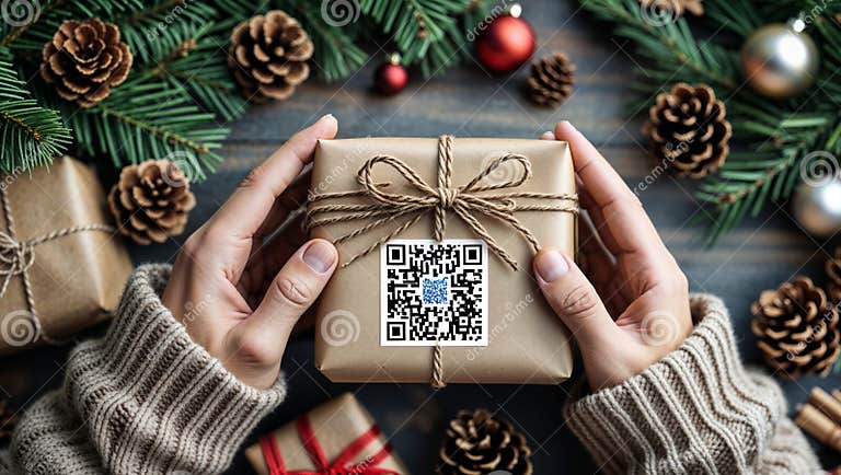 Gift Card with QR Code Surrounded by Christmas Decorations and Presents ...
