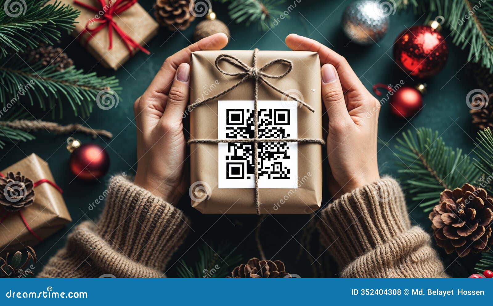 Gift Card with QR Code Surrounded by Christmas Decorations and Presents ...