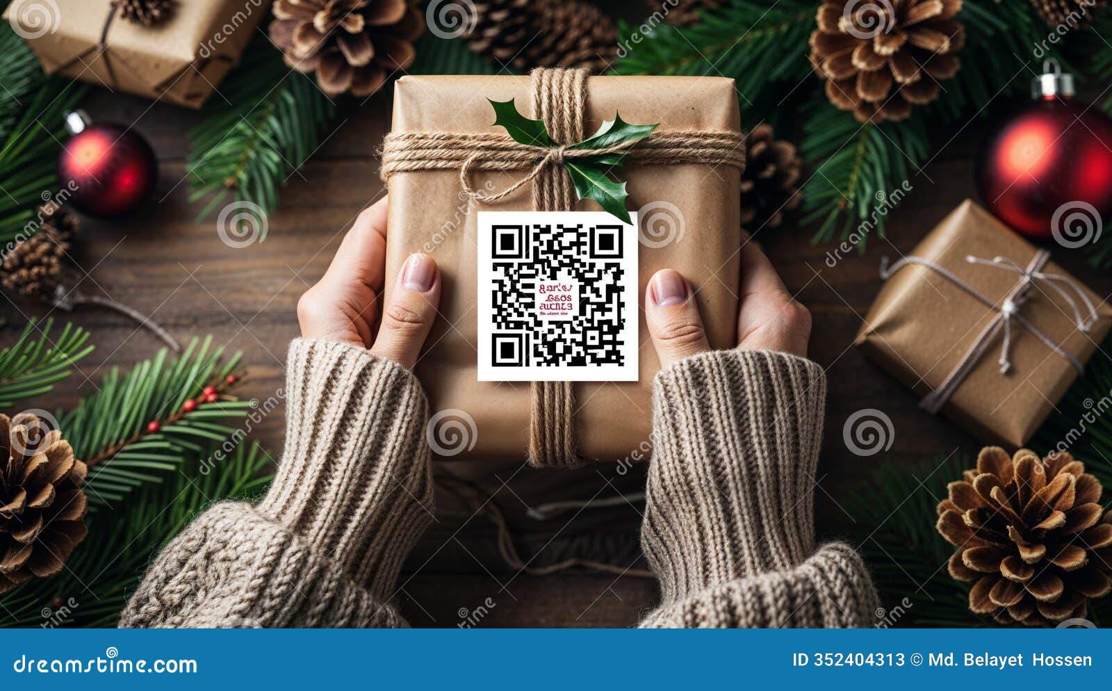 Gift Card with QR Code Surrounded by Christmas Decorations and Presents ...