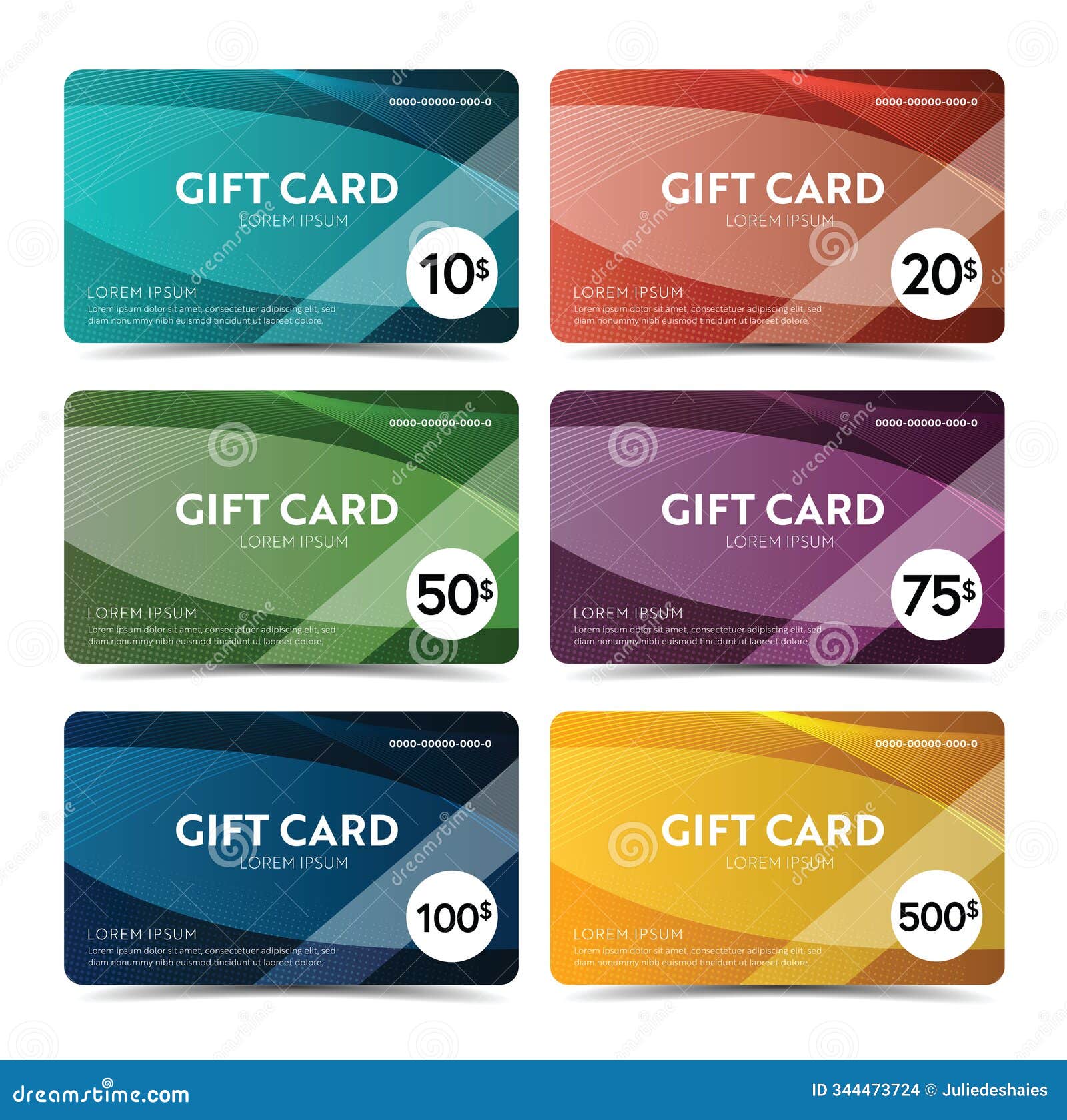 Gift Cards of Different Values Multicolored Template Set Vector Stock ...