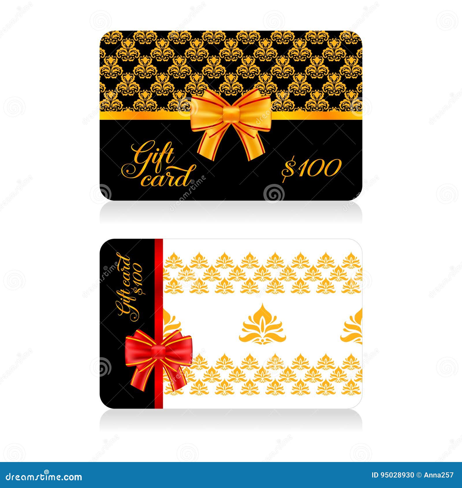 Gift Cards with Golden Decor Pattern and Bow Stock Vector ...