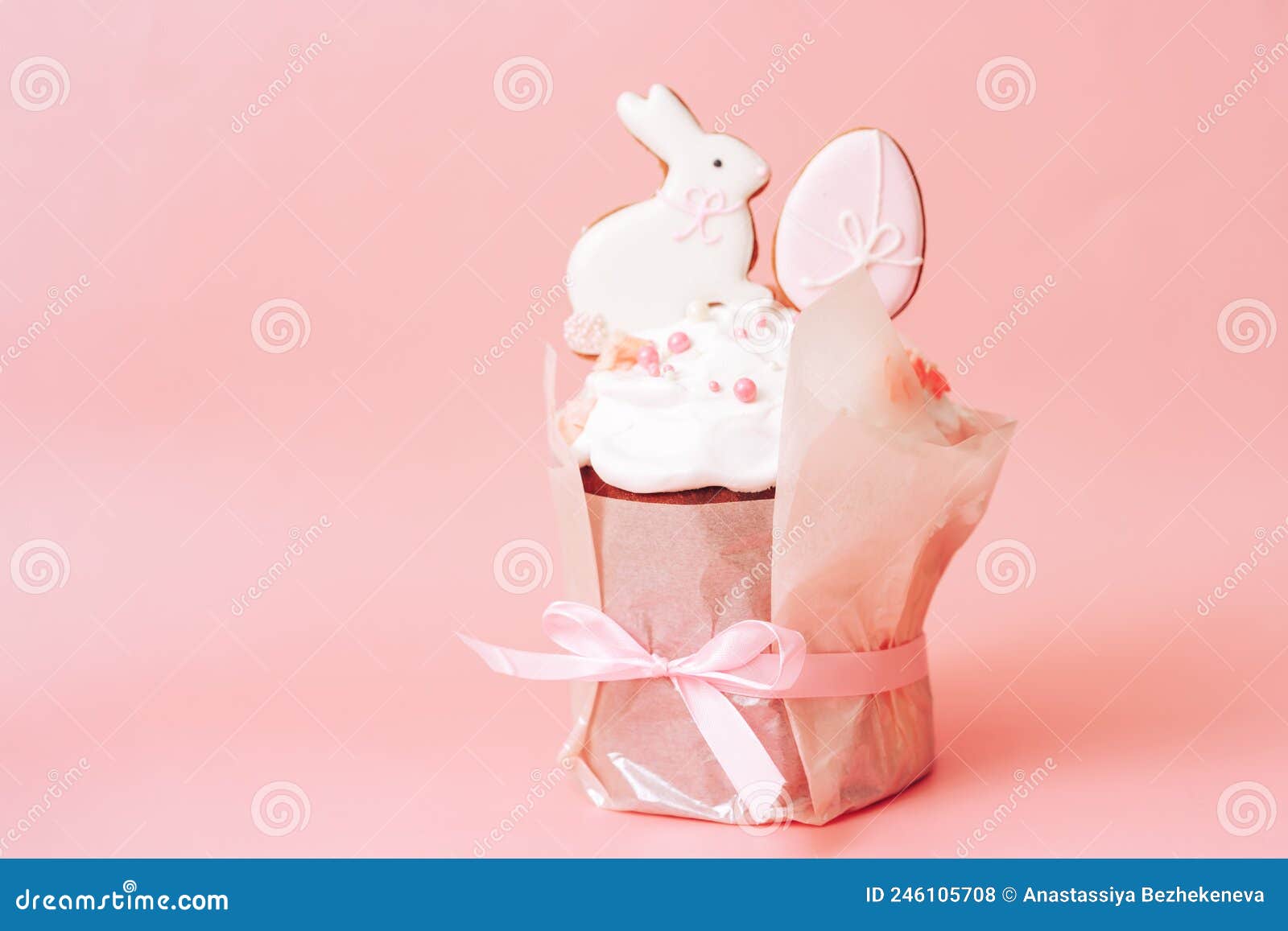 Gift Easter Cake with Pink Bow and Cookies in the Form of Rabbit and ...