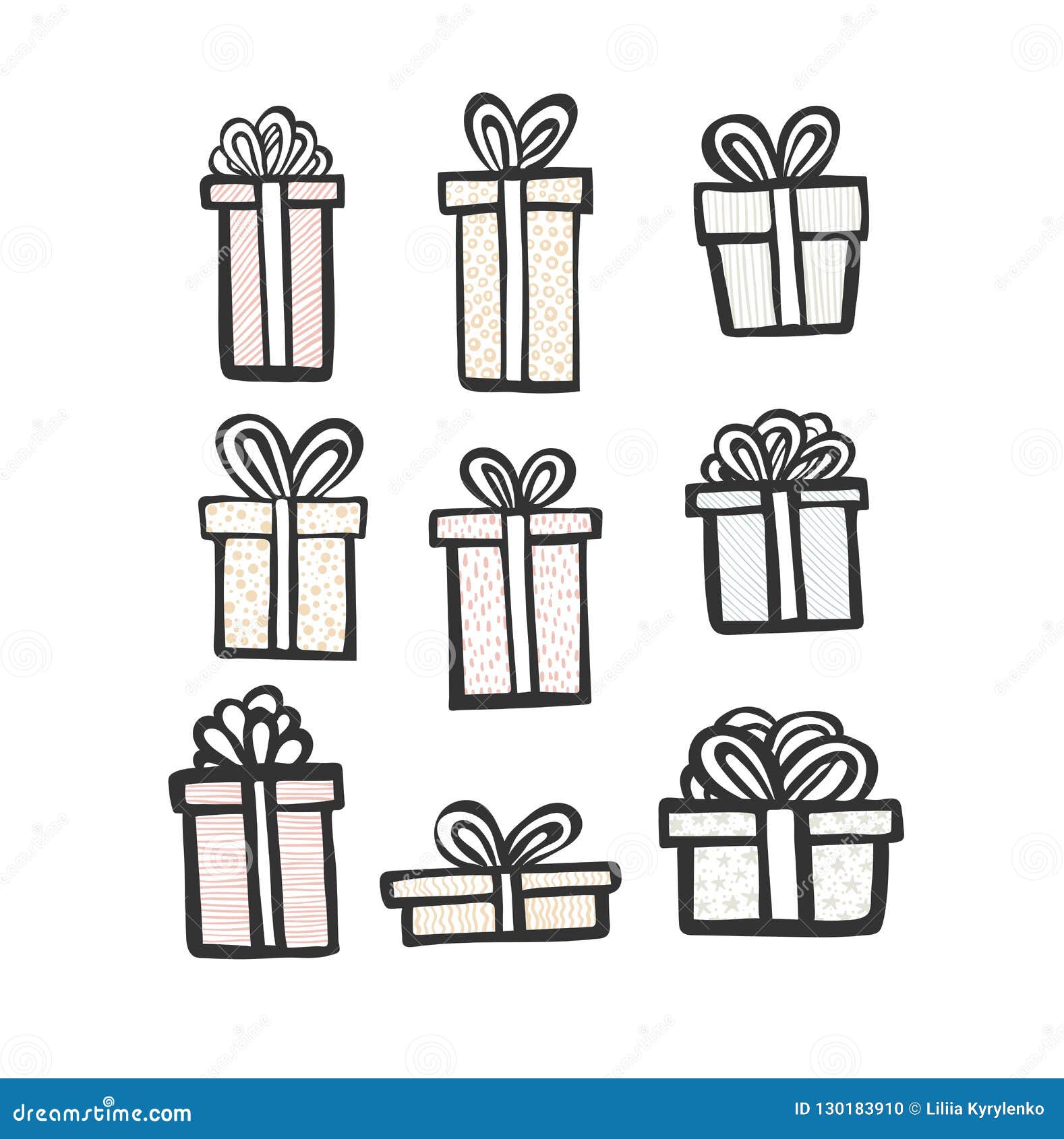 Gift Icon Set. Color Simple Present Box with Ribbon. Hand Drawing ...