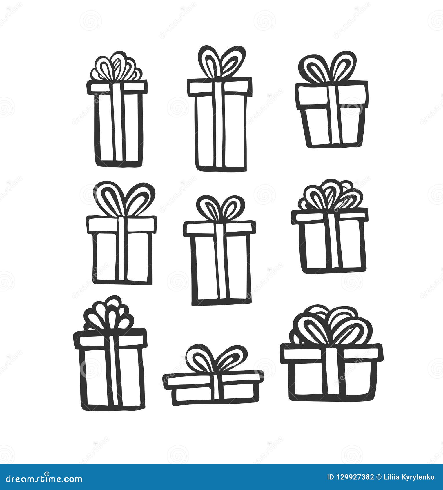 Gift Icon Set. Simple Present Box with Ribbon. Hand Drawing . Doodle ...