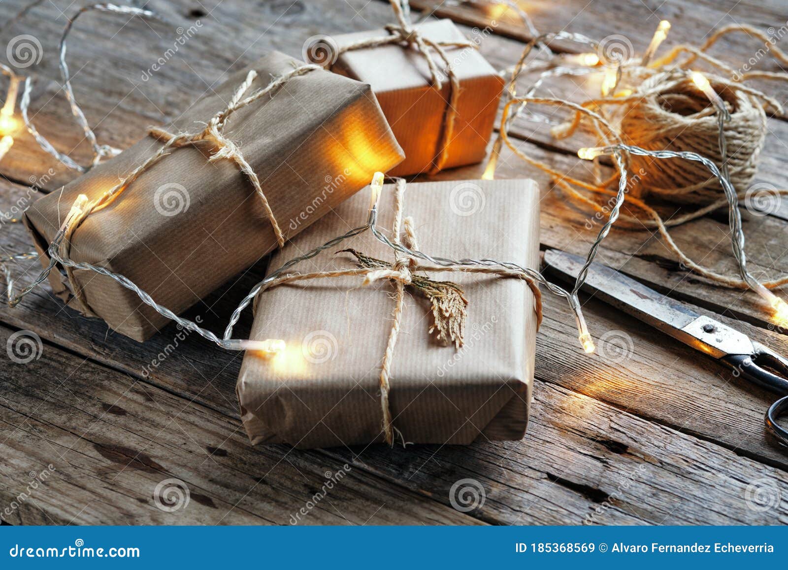 Gift Packages Wrapped with Kraft Paper and Tied with Rope Stock Image ...