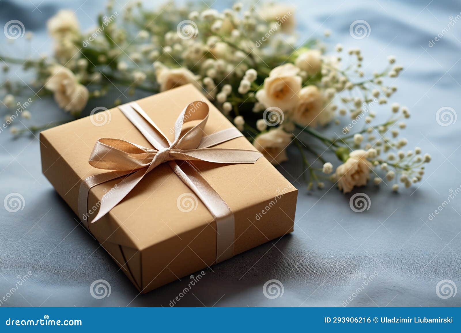 Gift or Present Box in Craft Packaging and Flower, Side View. Greeting ...