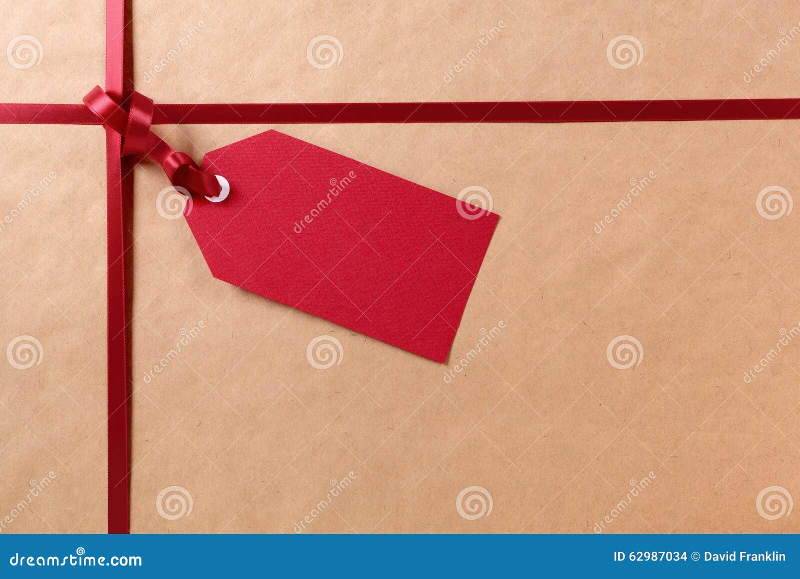 Gift Tag and Red Ribbon, Brown Parcel Wrapping Paper Background, Copy ...