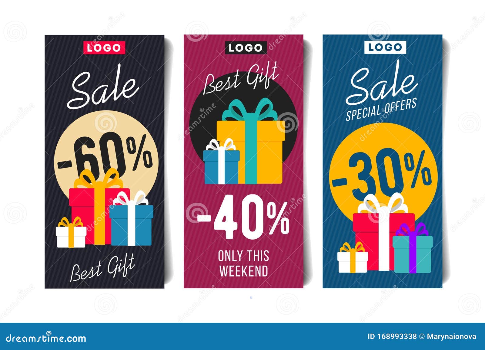 Gift Voucher Flyer Vertical Set Template with Present Box and Discounts ...