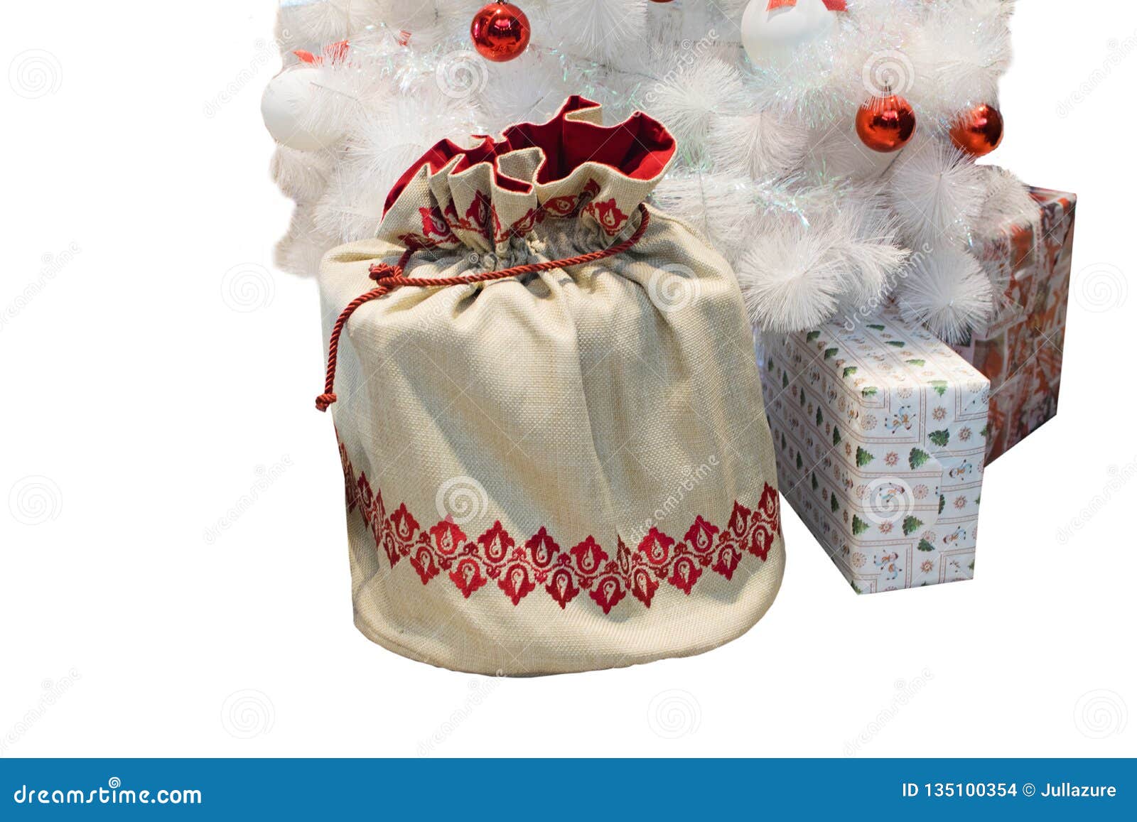 Giftbox and Christmas Sack Under the Tree. Christmas Tree and Presents ...