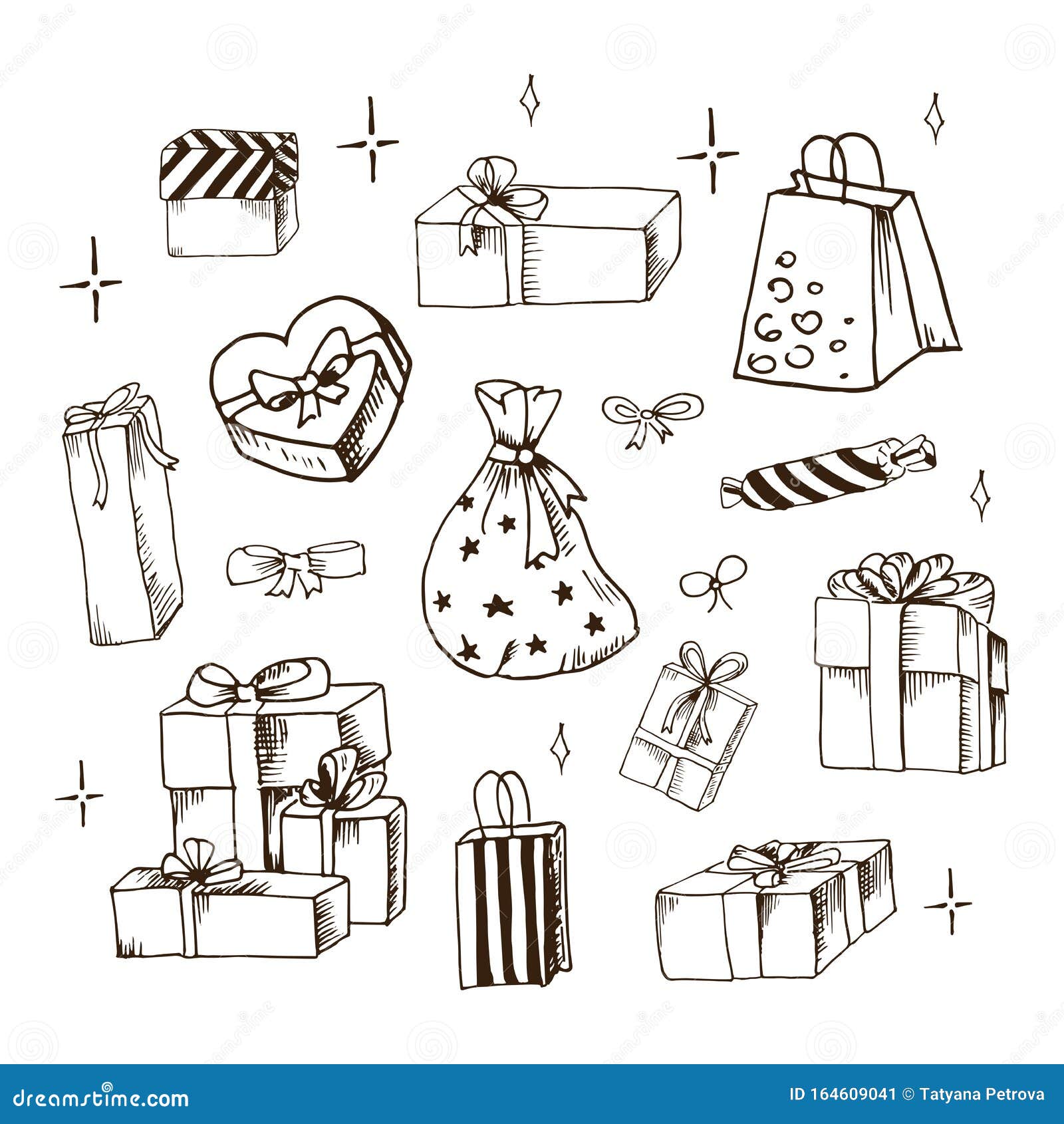 Gifts Doodle Set. Collection of Hand Drawn Gift Boxes and Pockets ...