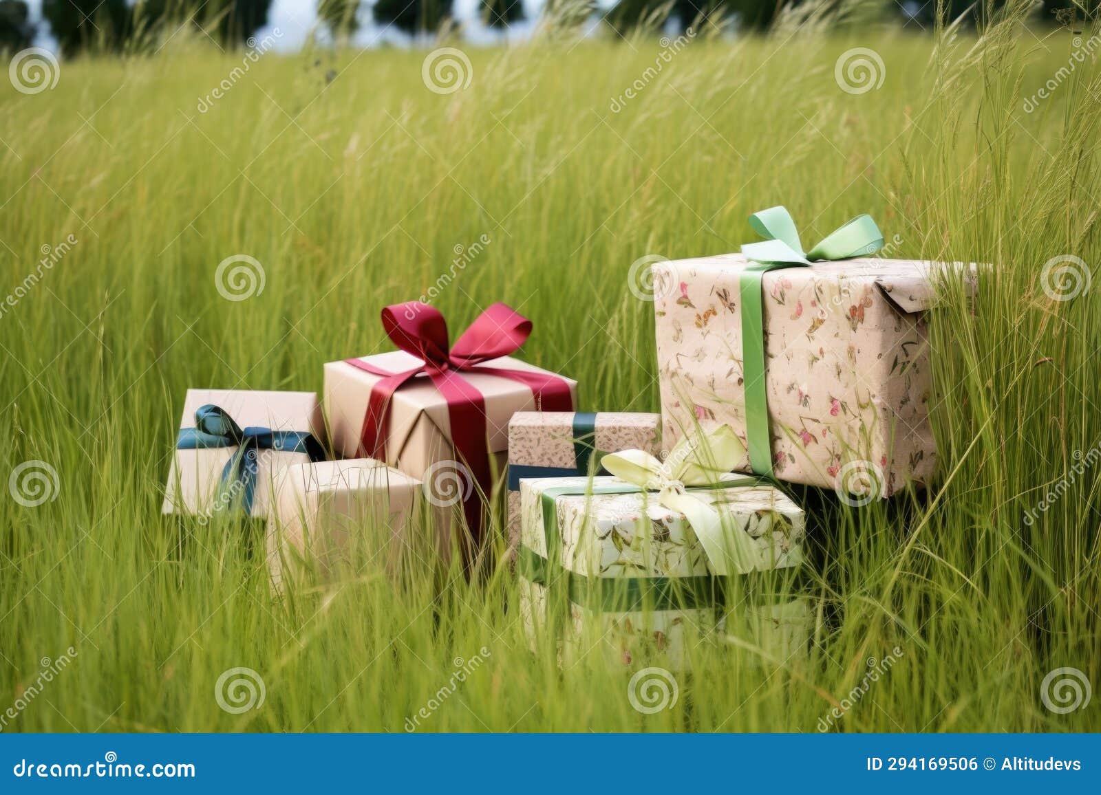 Gifts Hidden in a Thick Grass Field Stock Illustration - Illustration ...