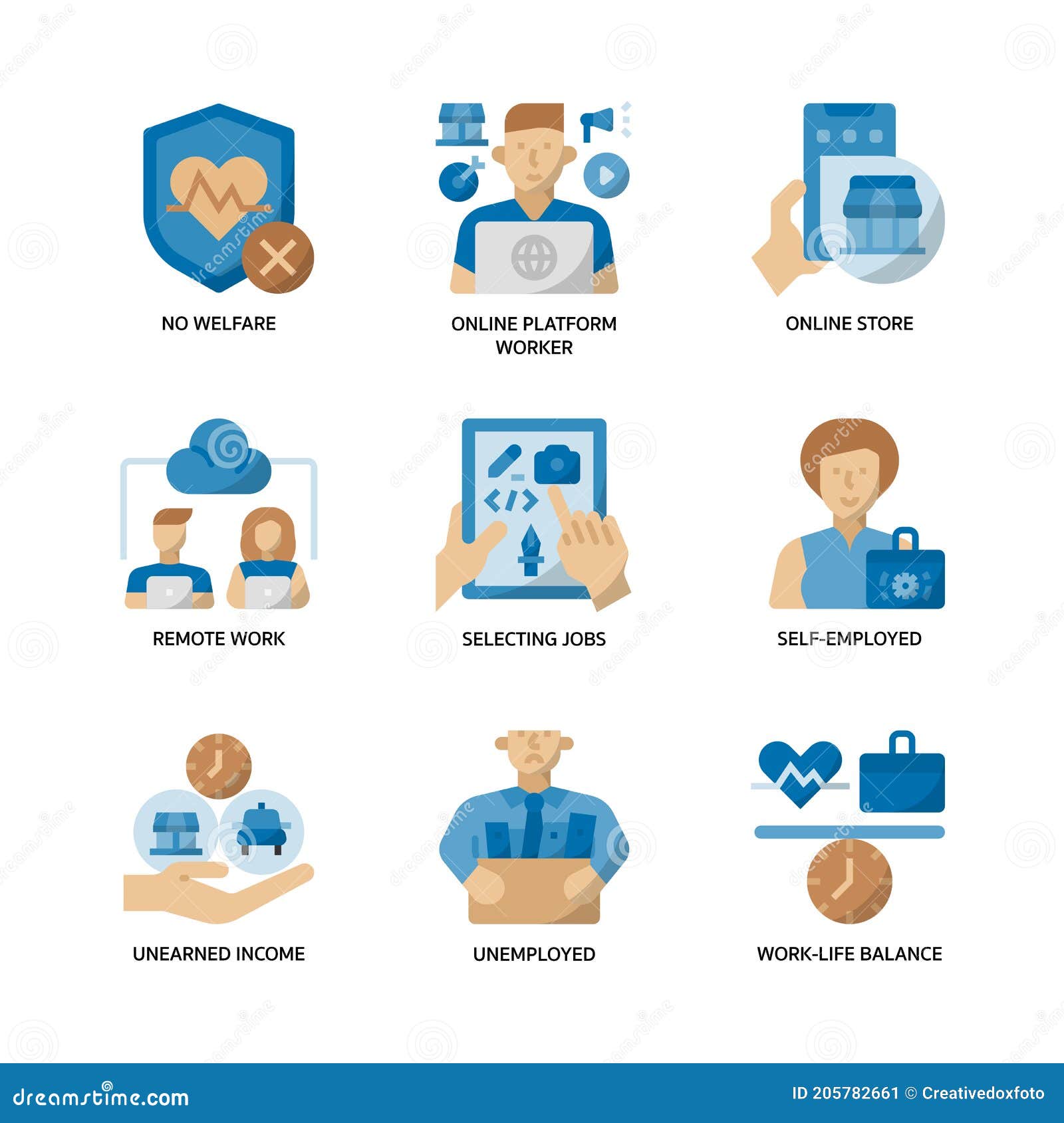 Gig economy icons set stock vector. Illustration of welfare - 205782661