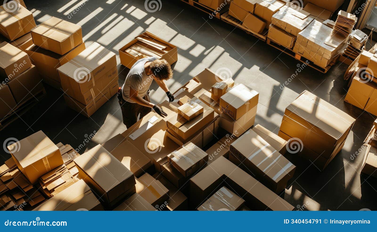 Gig Worker Assembling Packages for Delivery in a Busy Warehouse Filled ...