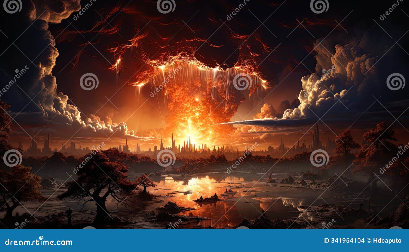 Gigantic Apocalyptic Explosion on a Large Plain with a Large River ...