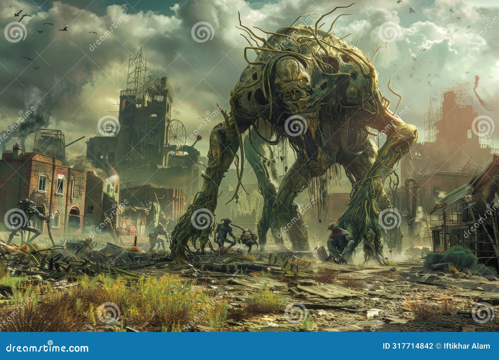 A Gigantic Creature Walks through a Polluted City, Casting a Shadow ...