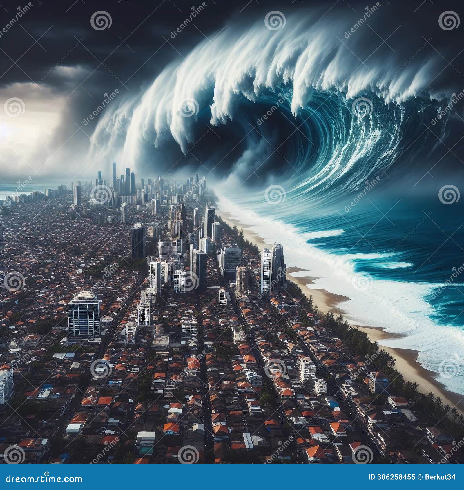 A Gigantic Devastating Tsunami Hits a Large Metropolis Stock ...