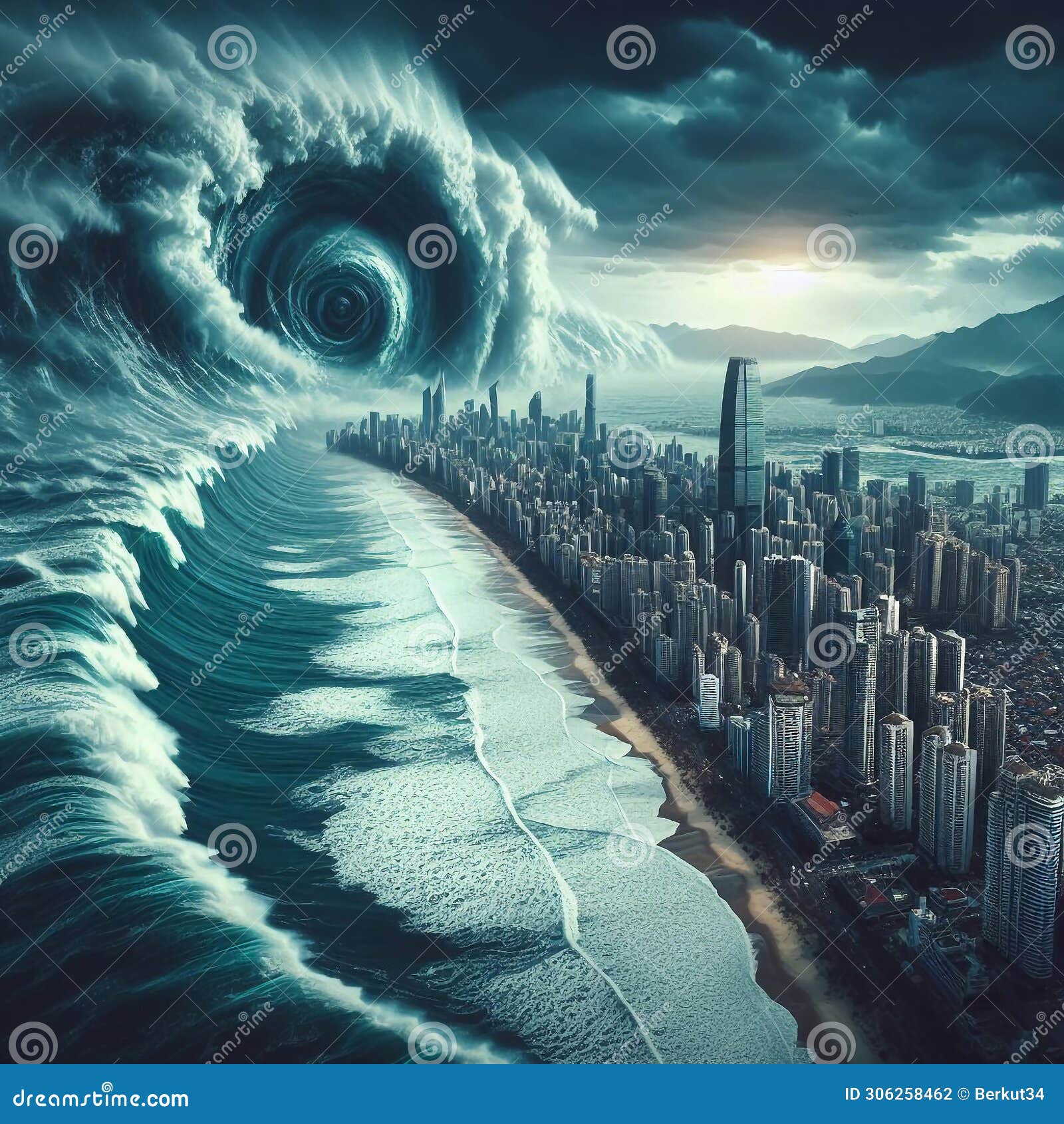 A Gigantic Devastating Tsunami Hits a Large Metropolis Stock ...
