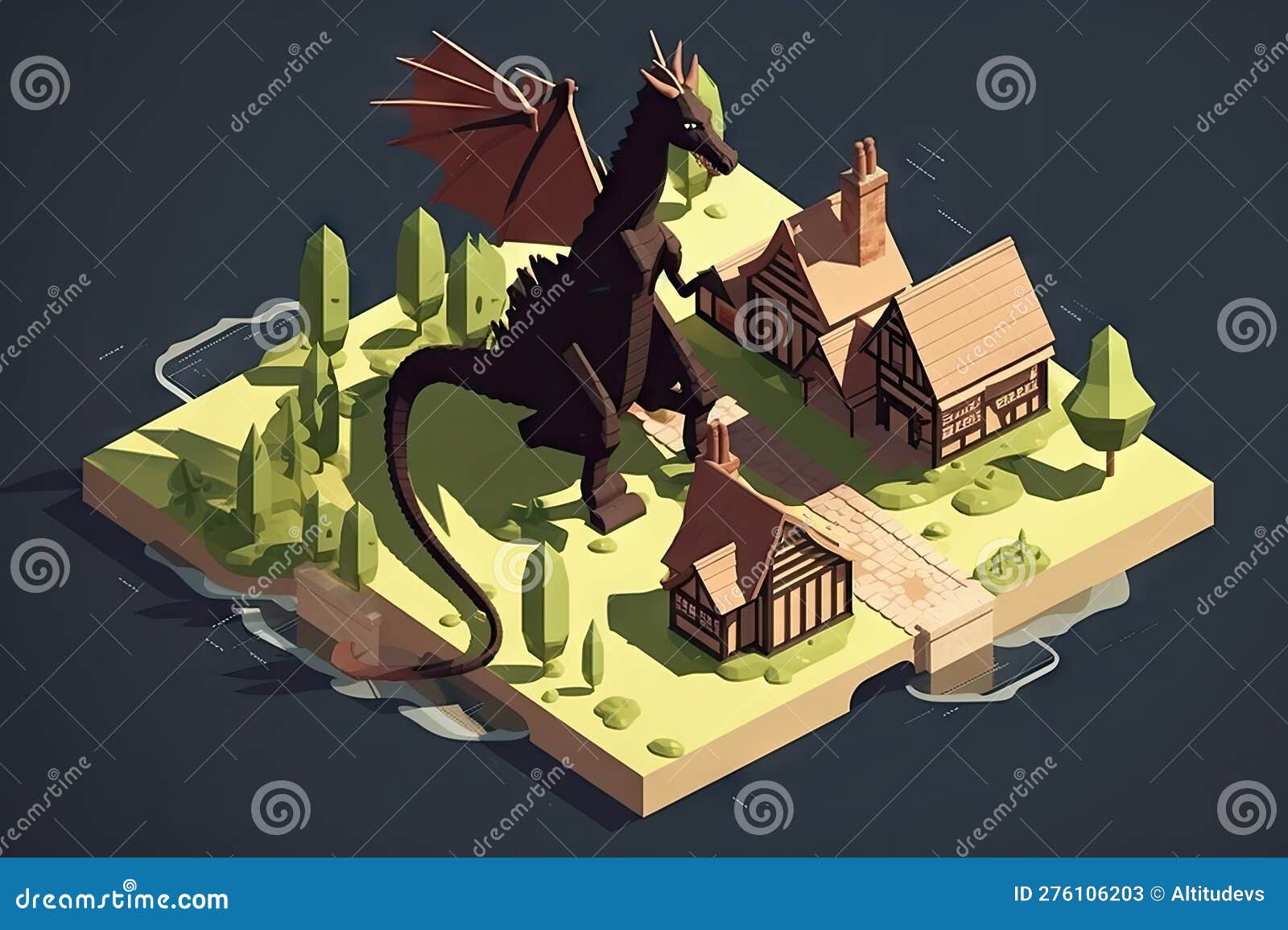 Gigantic Dragon, Casting Its Shadow Over Peaceful Village, in Isometric ...