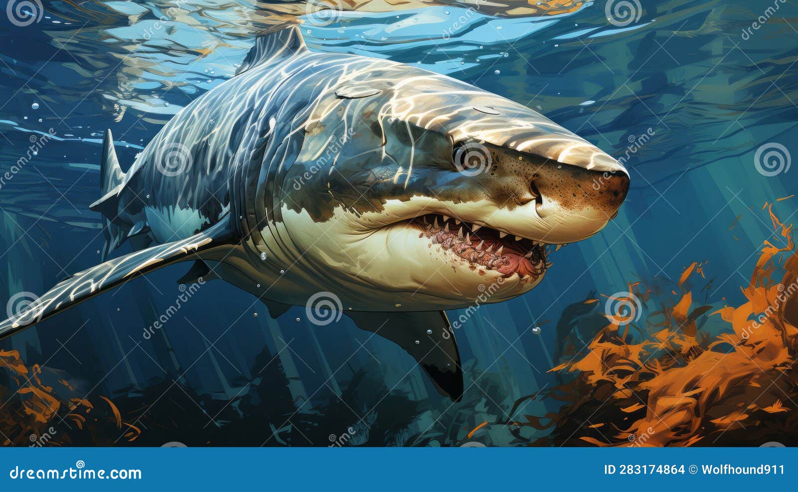 A Gigantic Great White Shark In Crystal Clear Water With Caustic ...