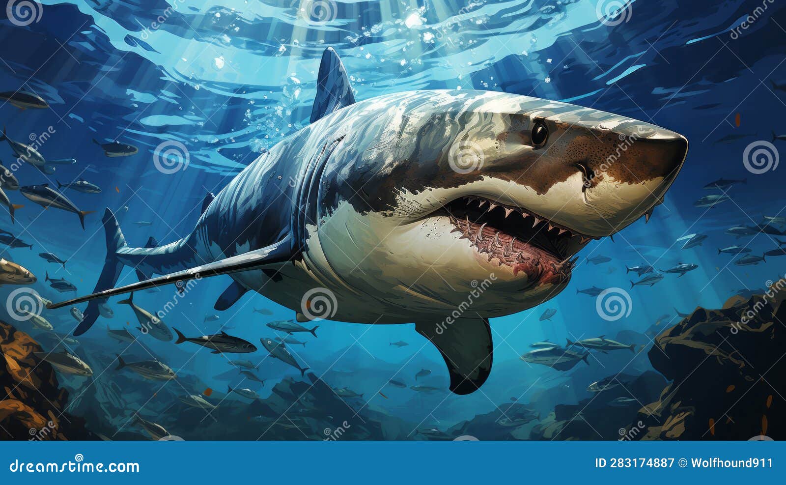 A Gigantic Great White Shark In Crystal Clear Water With Caustic ...