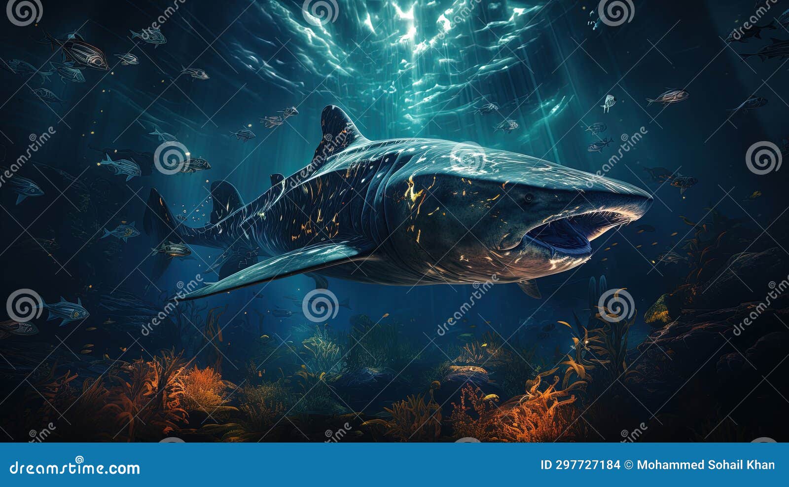 A Gigantic Great White Shark in Crystal Clear Water with Caustic ...