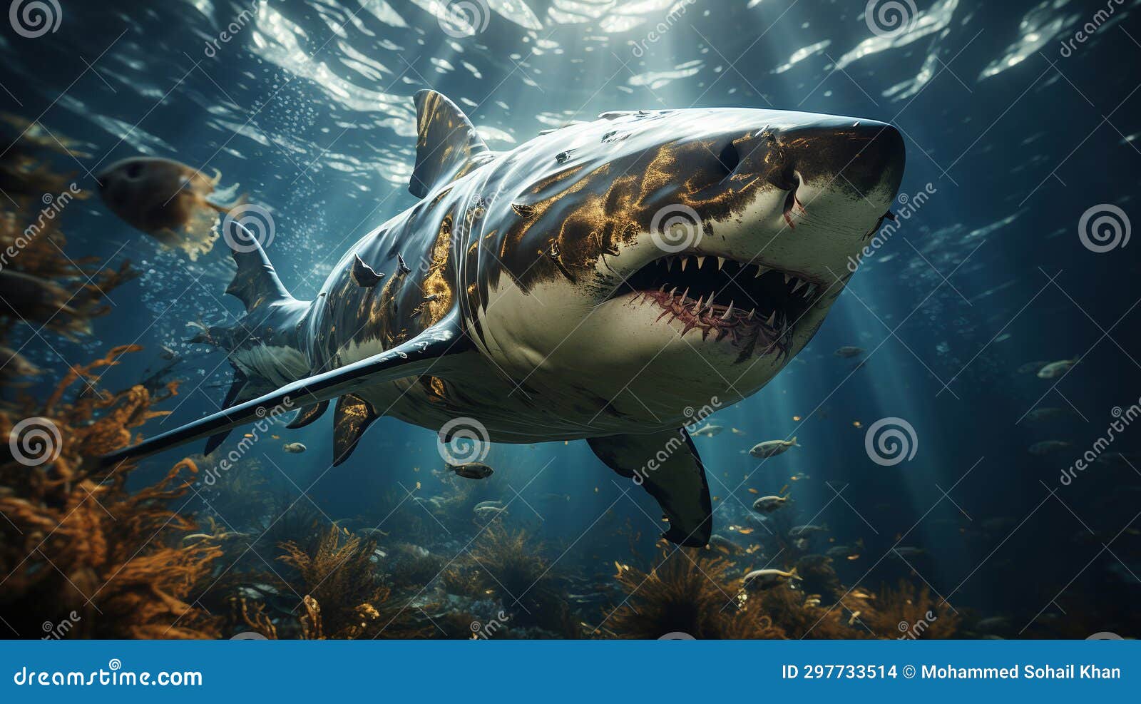A Gigantic Great White Shark In Crystal Clear Water With Caustic ...