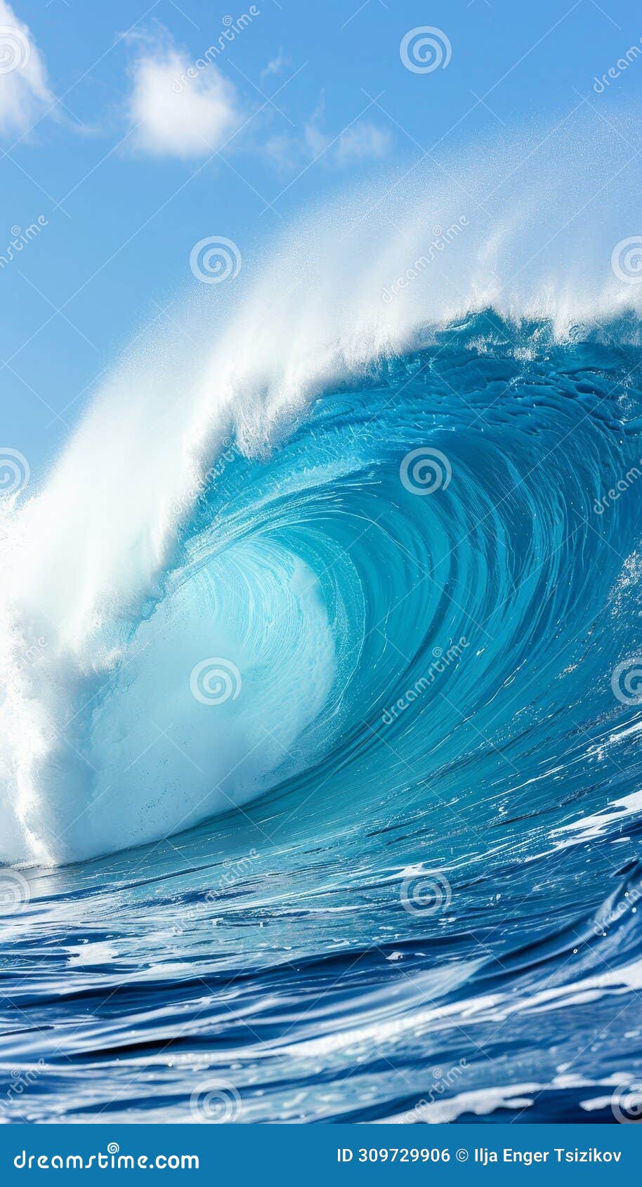 Gigantic Ocean Wave Rising Dramatically Under A Clear Blue Sky Horizon ...