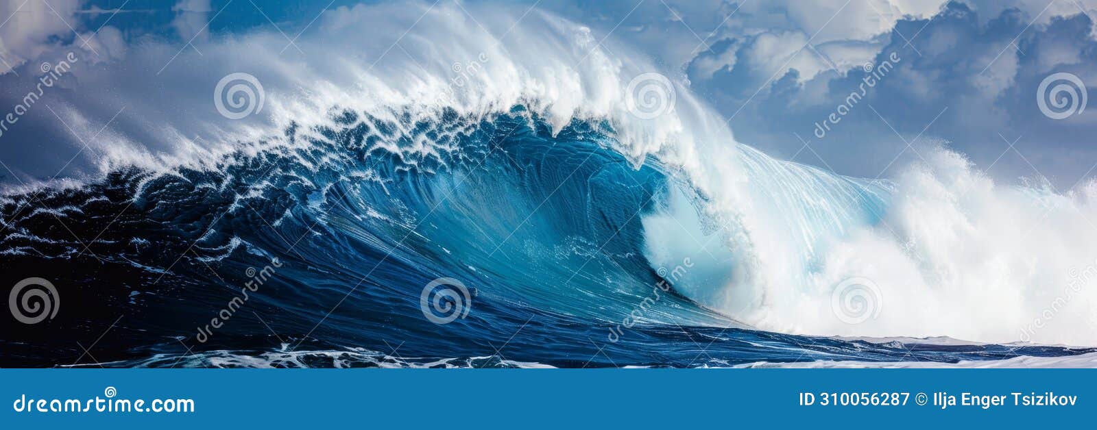 Gigantic Ocean Wave Rising Dramatically Under A Clear Blue Sky Horizon ...