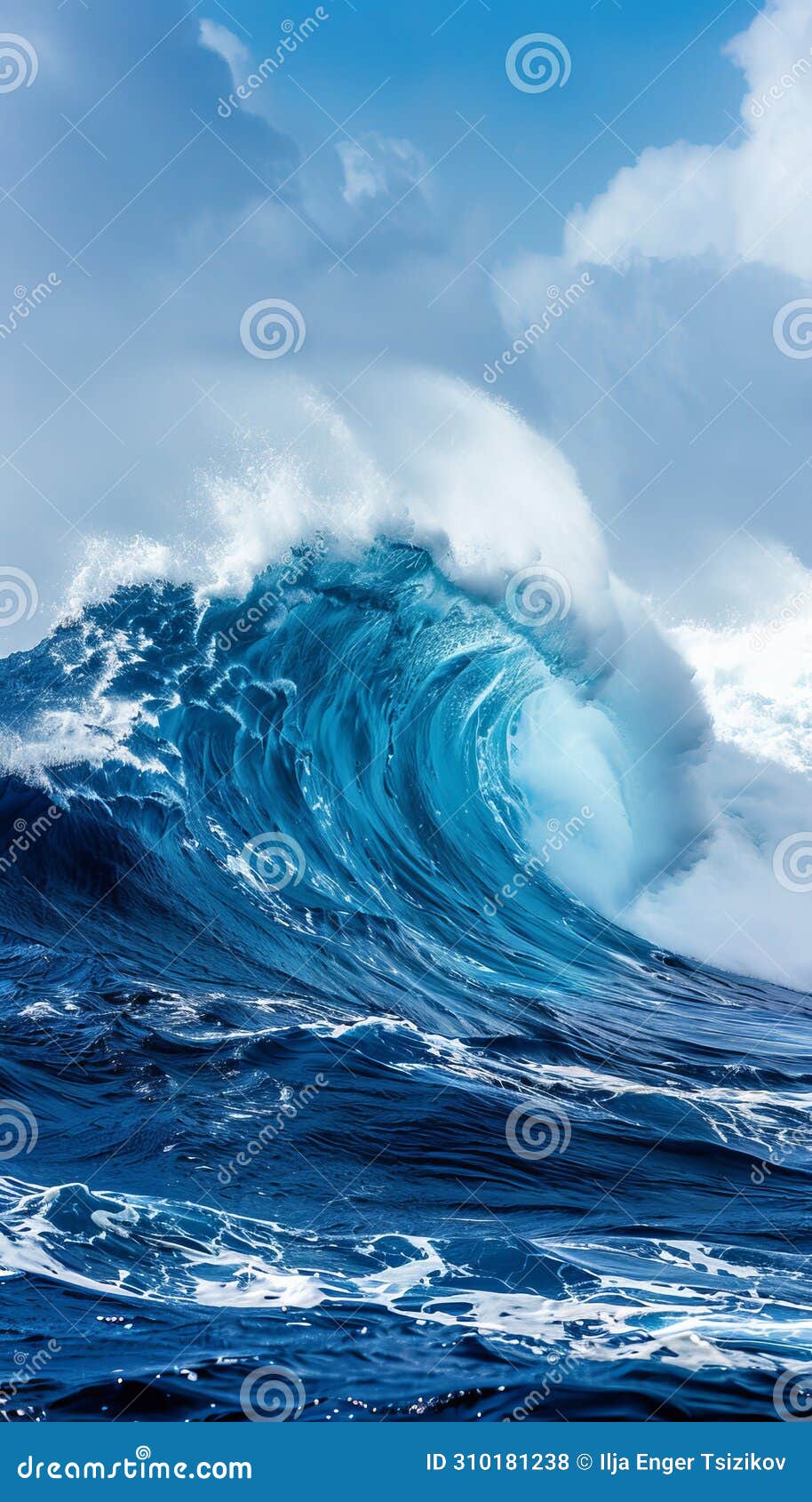Gigantic Ocean Wave Rising Under Clear Blue Sky in a Stunning Side View ...