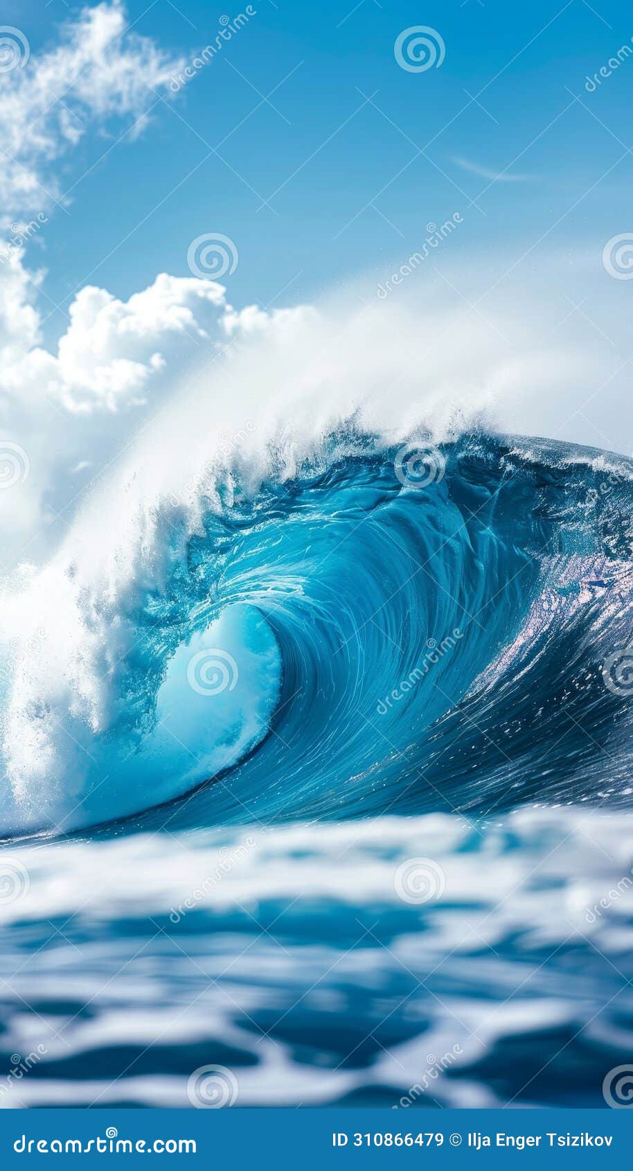 Gigantic Ocean Wave Towering Under Clear Blue Sky Background with Side ...