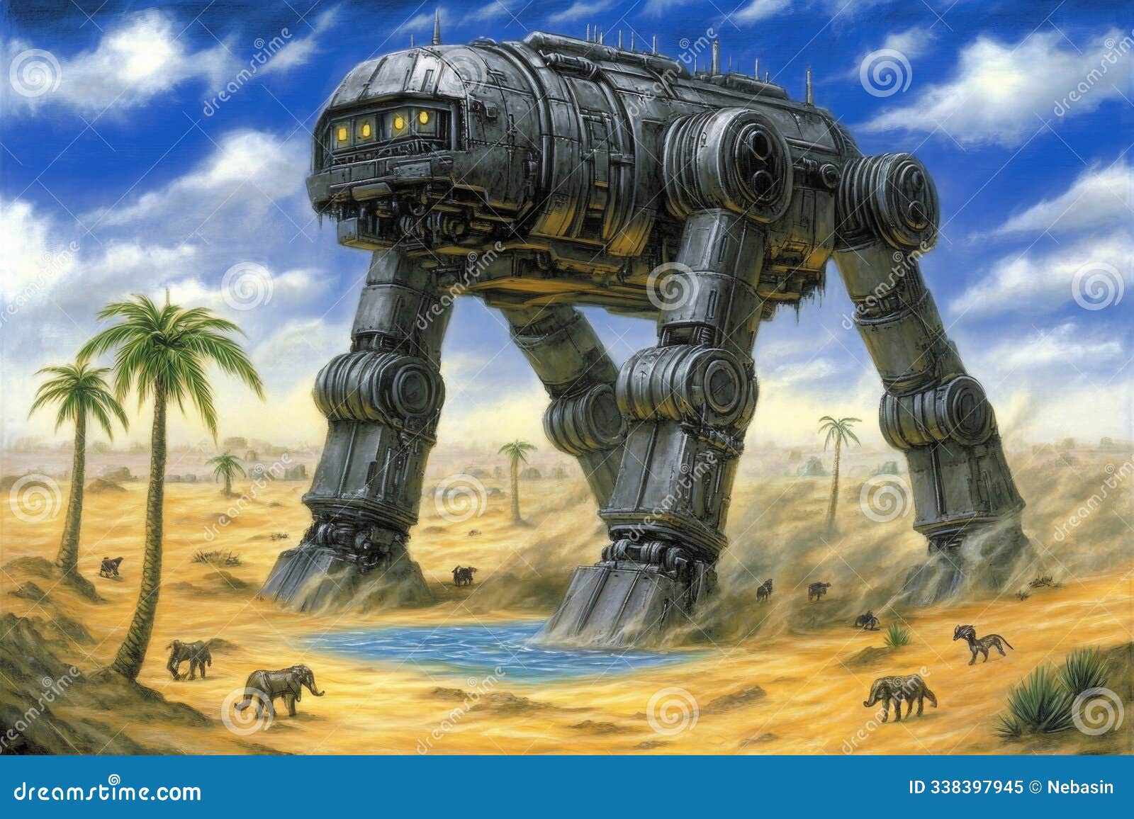 Gigantic Robotic Walker in Desert Oasis with Wild Elephants Under a ...