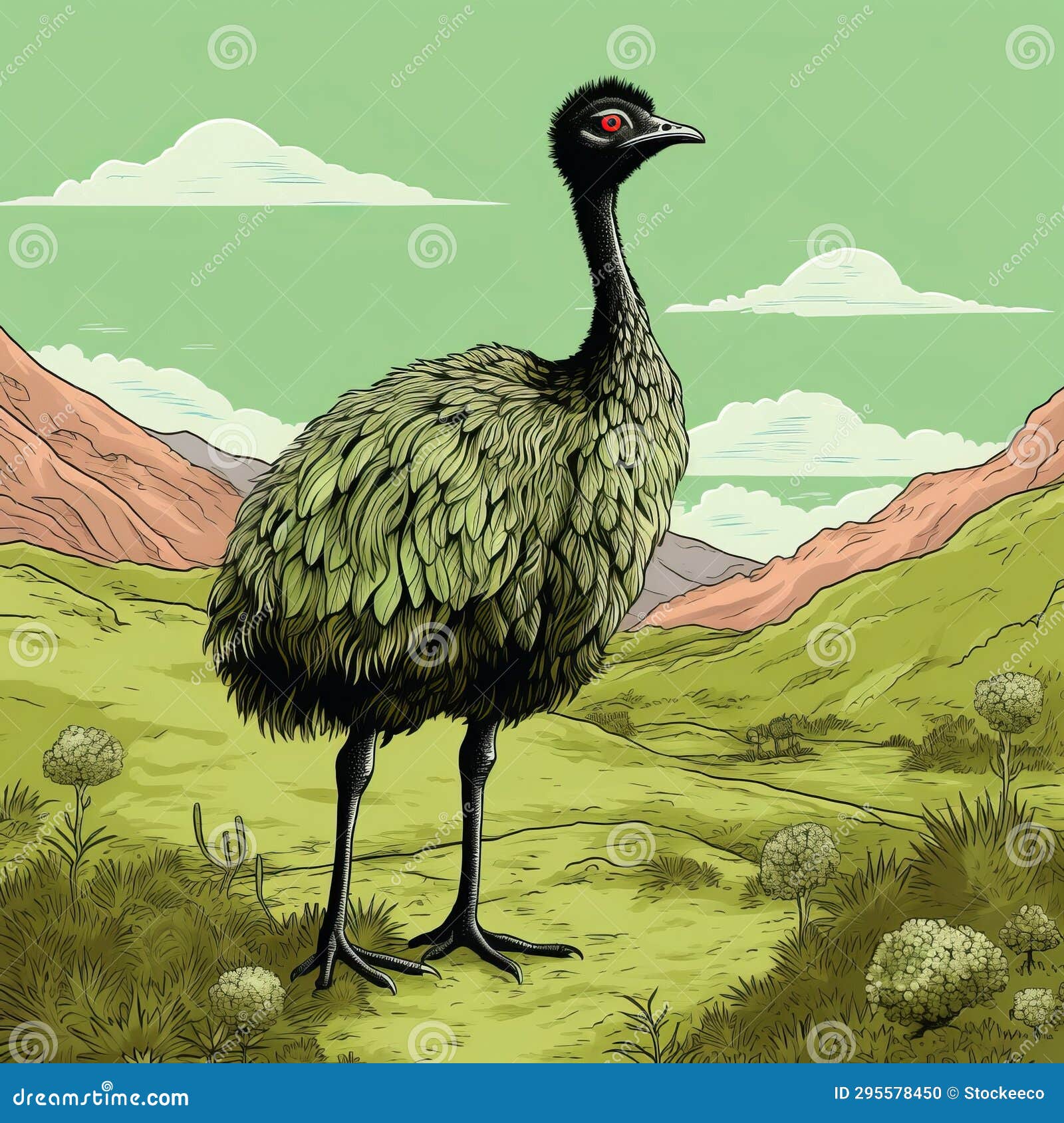 Gigantic Scale Himalayan Art Illustration of Emu Standing on Moss Stock ...
