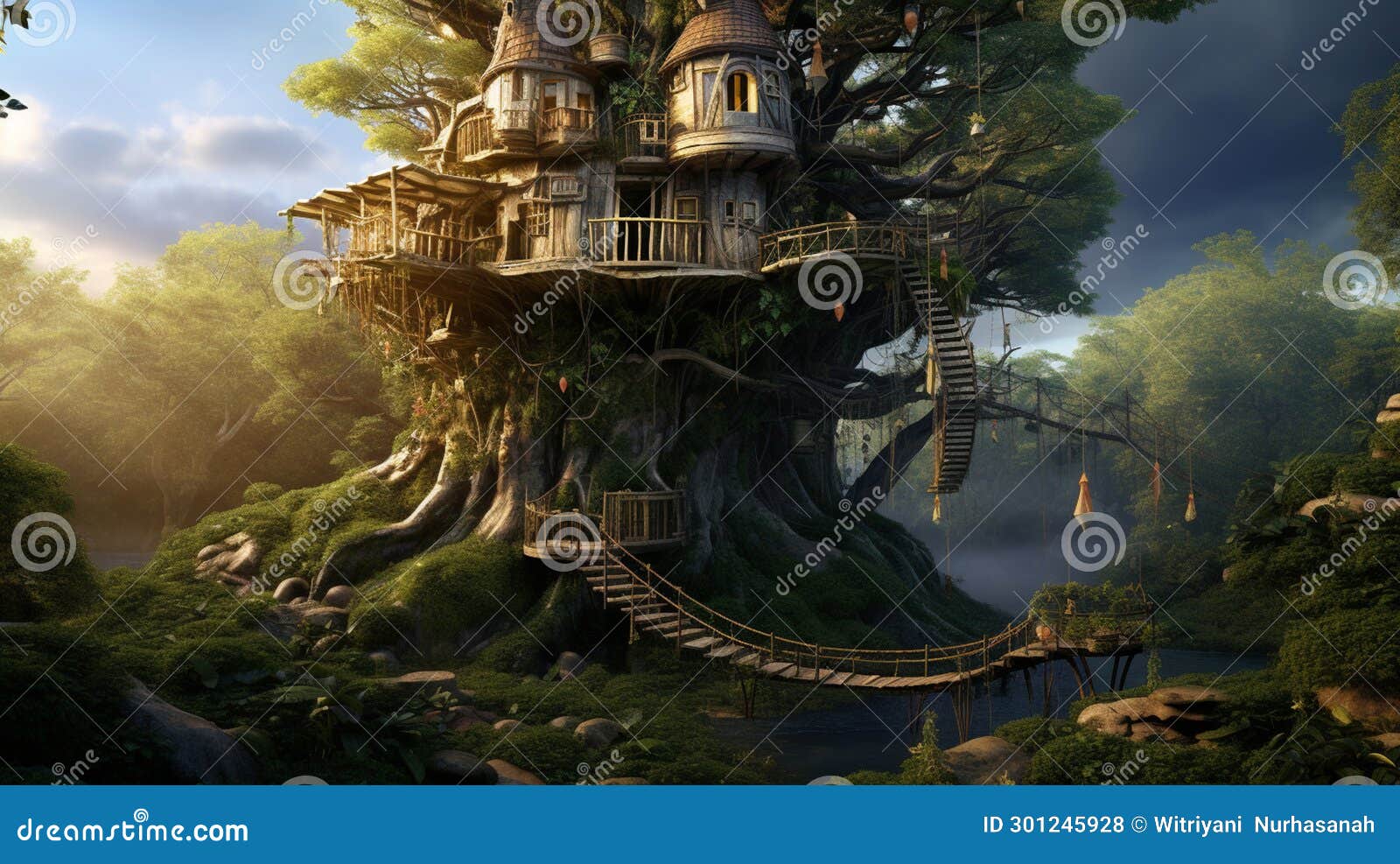 Gigantic Tree with House Inside. Fantasy Tree House Stock Illustration ...